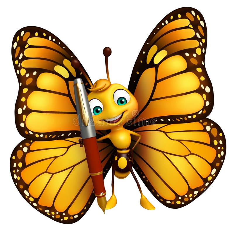 Fun Butterfly Cartoon Character with Pen Stock Illustration ...