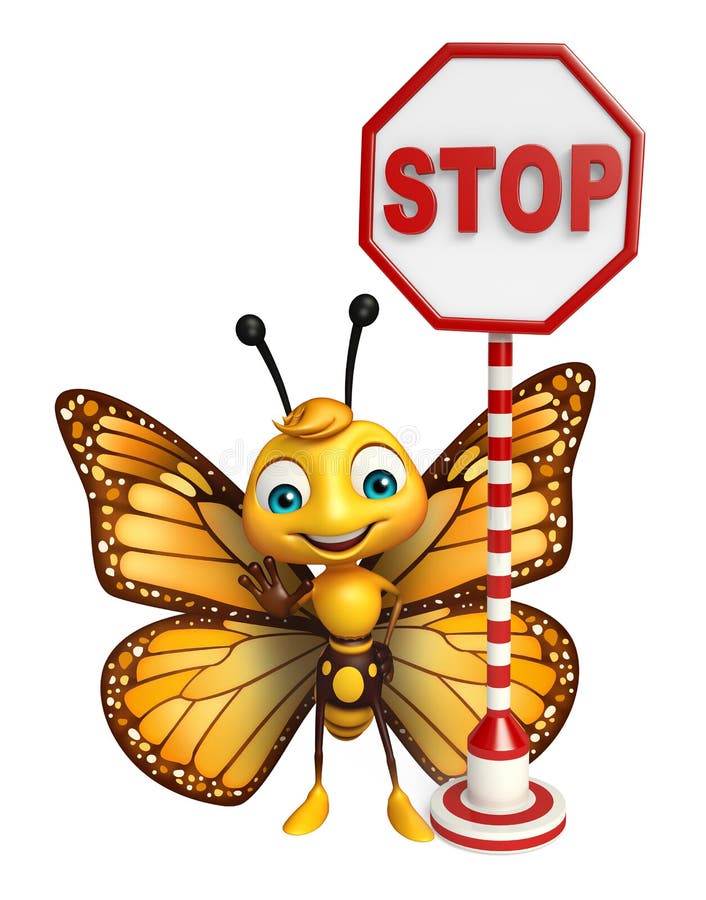 Fun Butterfly Cartoon Character with Stop Sign Stock Illustration ...