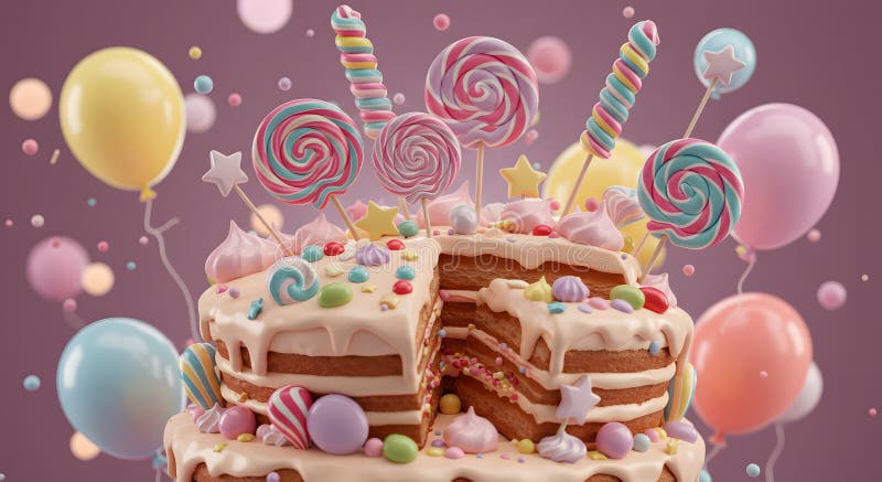 Fun Candy Themed Birthday Cake with Balloons Stock Illustration ...