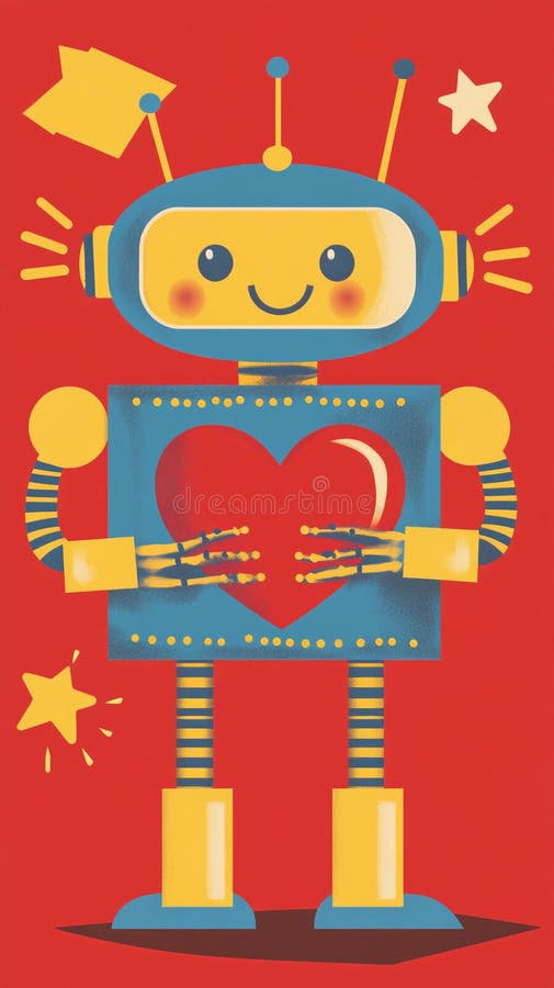 A Fun Card with a Cartoon Robot Holding a Heart Stock Illustration ...