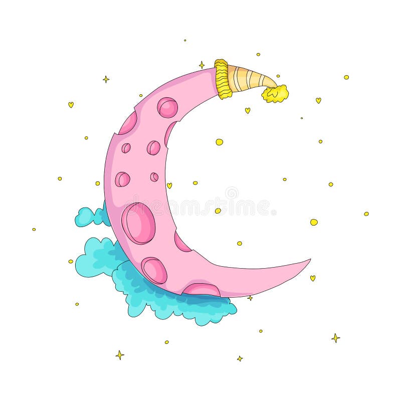 Fun Cartoon Pink Crescent Moon with Cap among Blue Clouds Icon. Pink ...