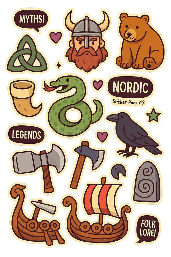 Illustrative Nordic Elements Stickers with Bear Viking Ship and Snake ...
