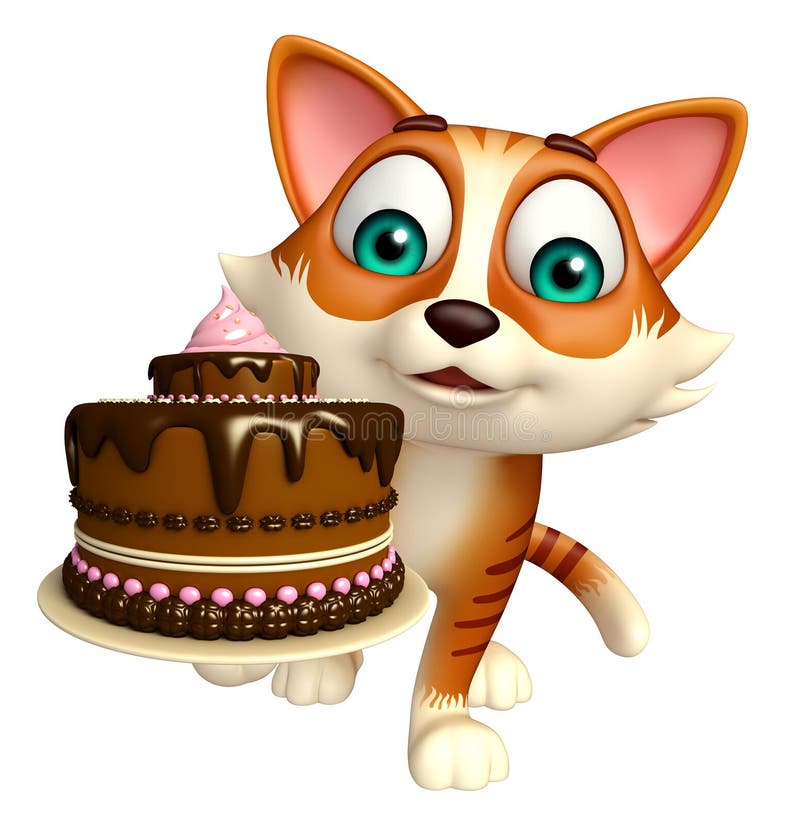 Fun Cat Cartoon Character with Cake Stock Illustration - Illustration ...