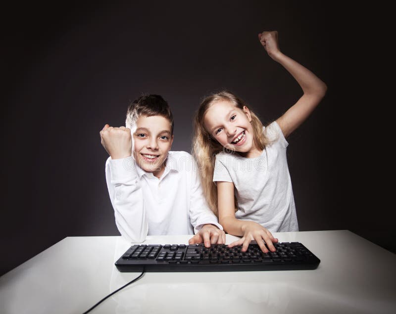 Fun Children Looking at Computer Stock Photo - Image of networking ...