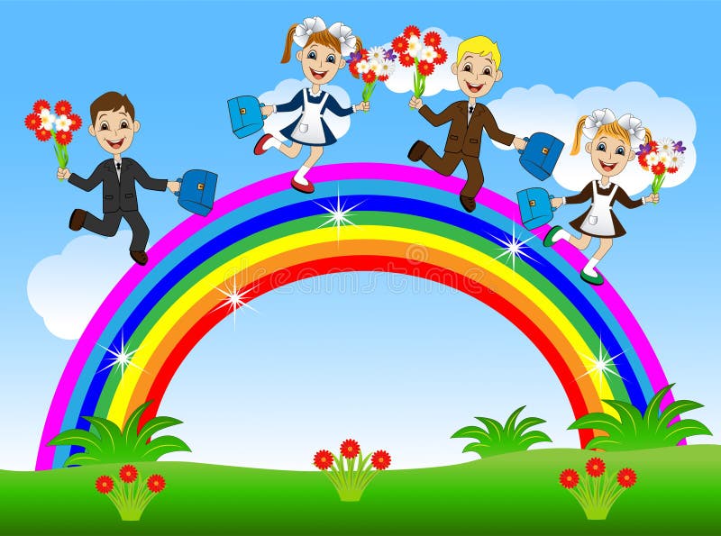 Fun Children School Children Run by the Rainbow Stock Vector ...