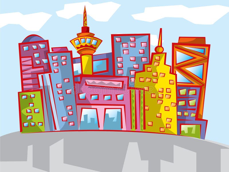 Fun Colorful Cartoon Cityscape Stock Vector - Illustration of tower ...