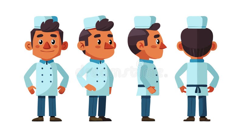 Cartoon Chef Character in Uniform Standing from Different Angles ...