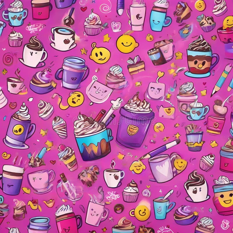 A Fun and Colorful Pattern, with Cute Cups of Chocolate, Cupcakes, and ...