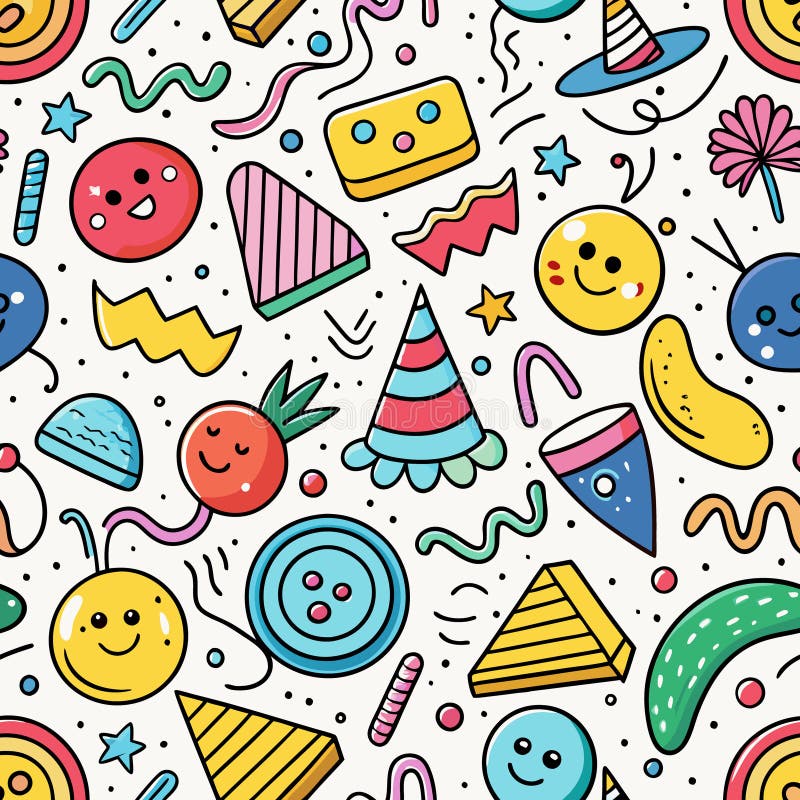 Fun, Colorful, and Quirky Doodle Pattern with Party-themed Elements ...