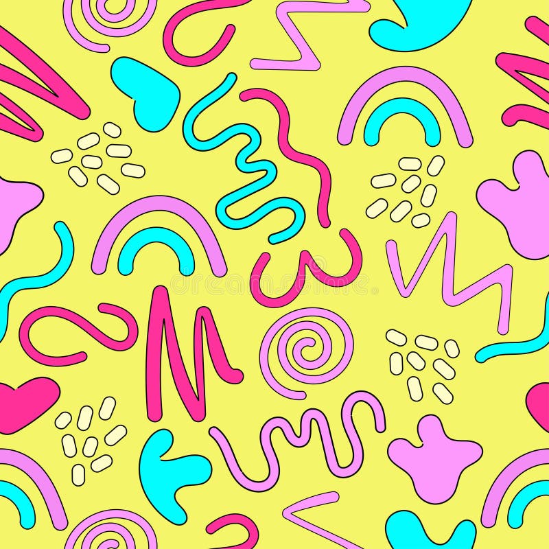Fun Colourful Doodle Seamless Pattern with Simple Shapes. 90s Trendy ...