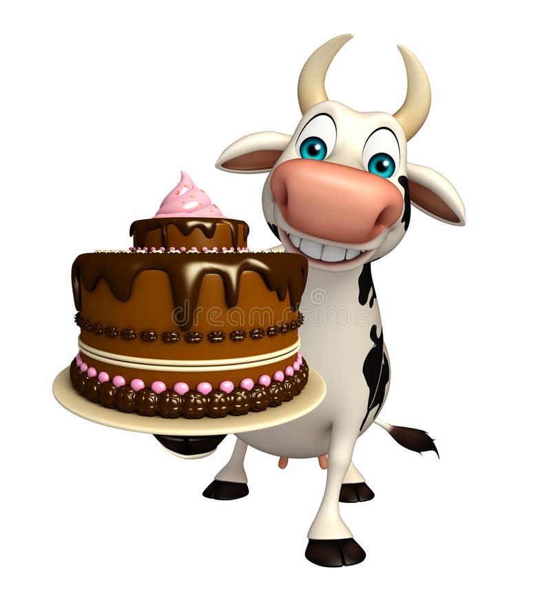 Fun Cow Cartoon Character with Cake Stock Illustration - Illustration ...