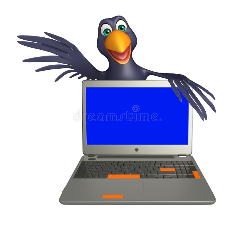 Fun Crow Cartoon Character with Laptop Stock Illustration ...