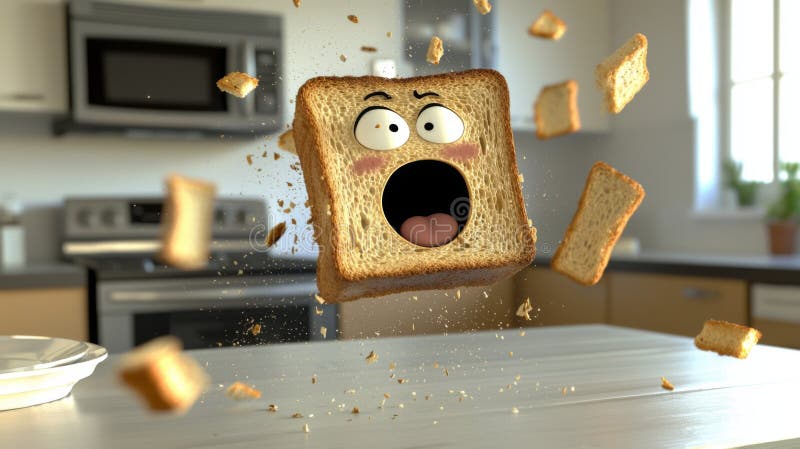 Surprised Cartoon Toast Flying in Kitchen Crumbs and Pieces 3D Render ...