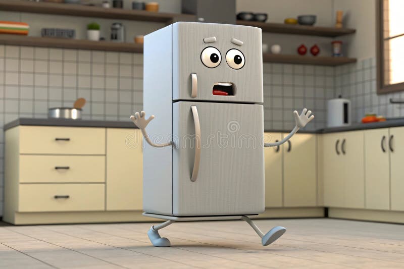 Scared Cartoon Refrigerator Walking in a Modern Kitchen AI Generated ...