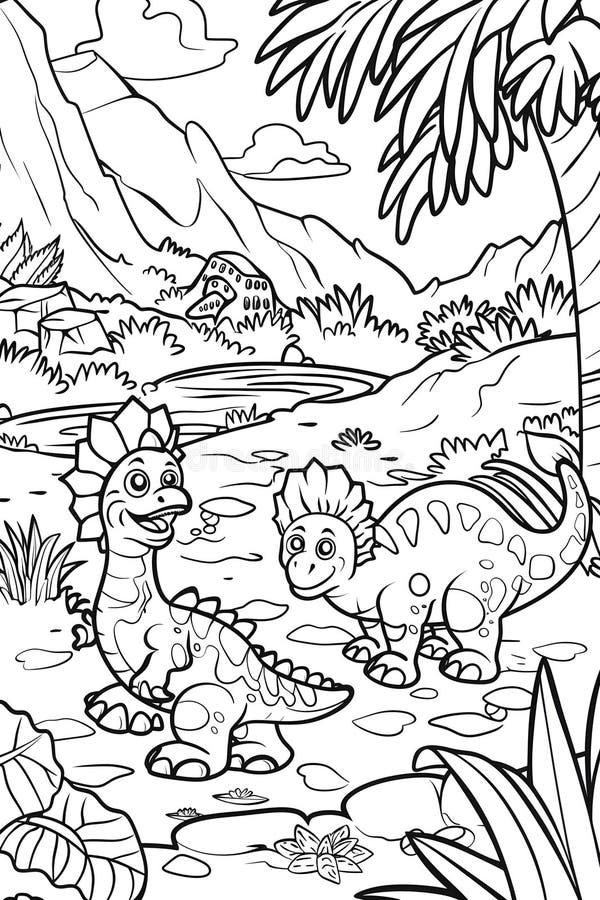 Fun Dinosaur Coloring Page for Kids Stock Illustration - Illustration ...