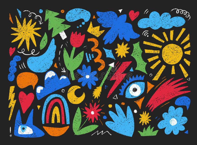 Fun Doodle Color Scribble Decorative Elements Hand Drawn with Crayon ...