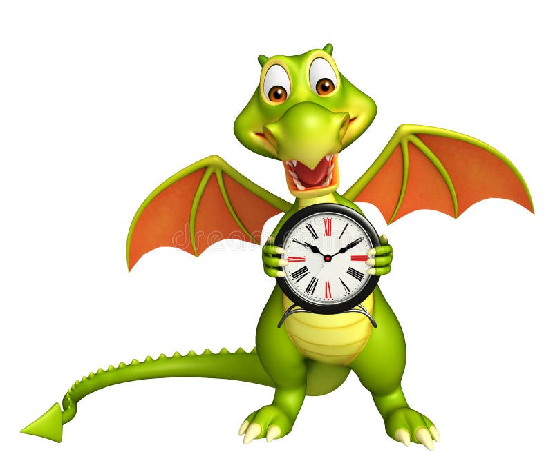Fun Dragon Cartoon Character with Clock Stock Illustration ...
