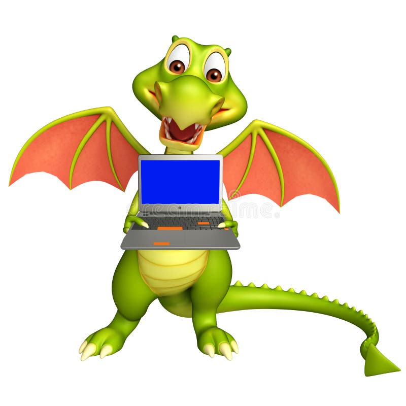 Fun Dragon Cartoon Character with Laptop Stock Illustration ...