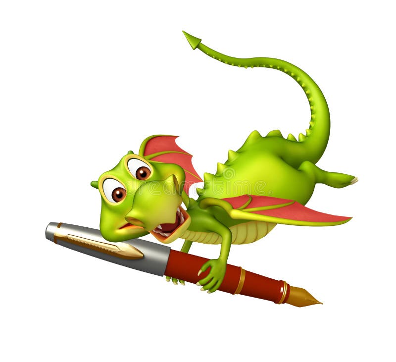 Fun Dragon Cartoon Character with Pen Stock Illustration - Illustration ...