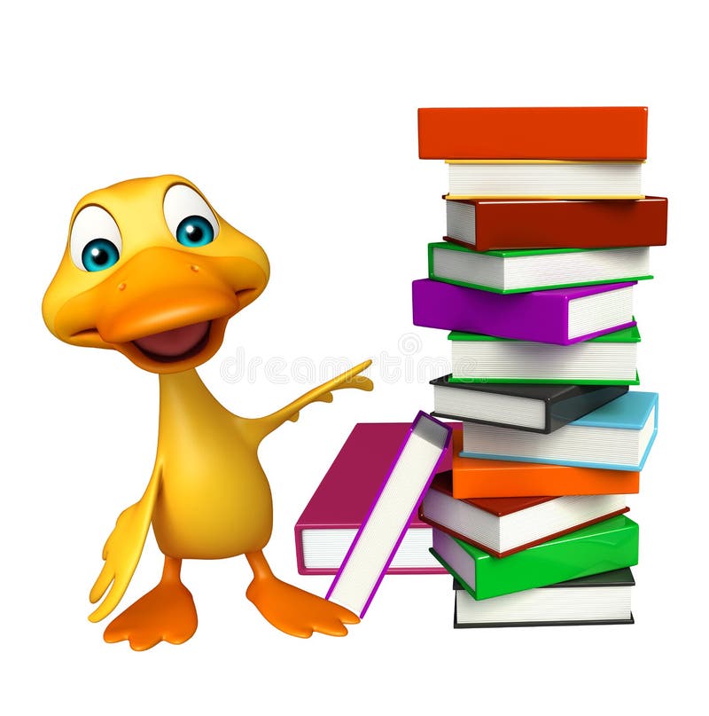 Fun Duck Cartoon Character with Book Stack Stock Illustration ...