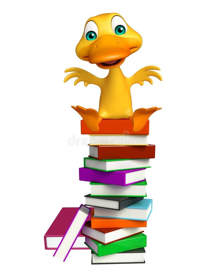 Fun Duck Cartoon Character with Book Stack Stock Illustration ...