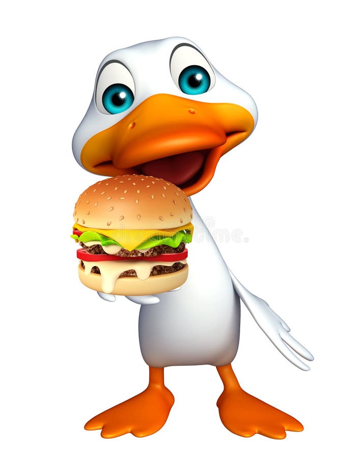 Fun Duck Cartoon Character with Burger Stock Illustration ...