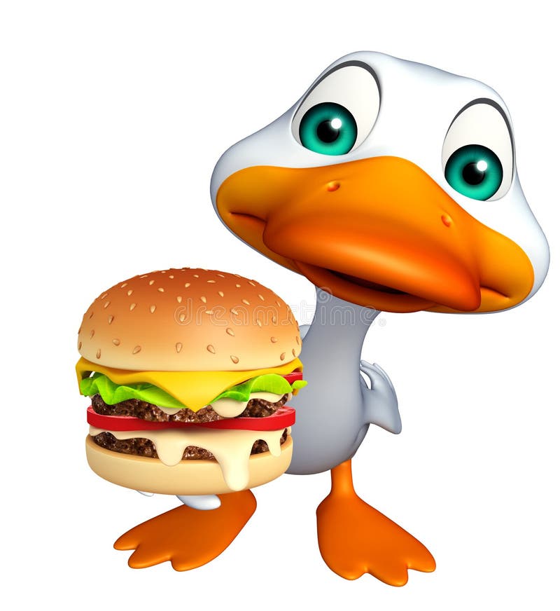 Fun Duck Cartoon Character with Burger Stock Illustration ...