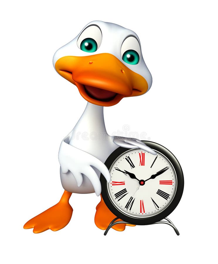 Fun Duck Cartoon Character with Clock Stock Illustration - Illustration ...