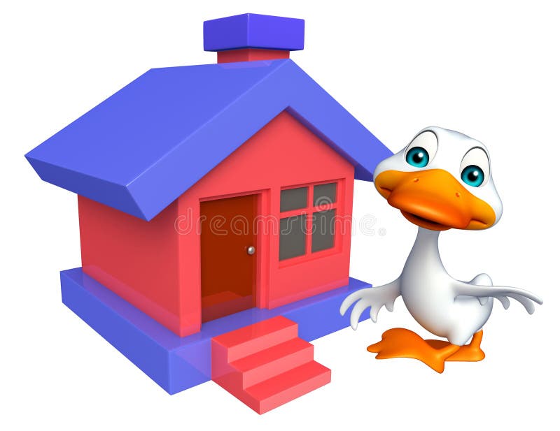 Fun Duck Cartoon Character with Home Stock Illustration - Illustration ...