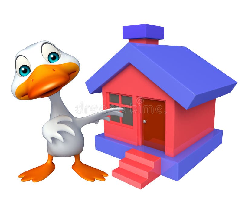 Fun Duck Cartoon Character with Home Stock Illustration - Illustration ...