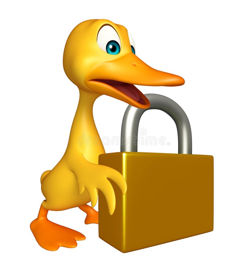 Fun Duck Cartoon Character with Lock Stock Illustration - Illustration ...