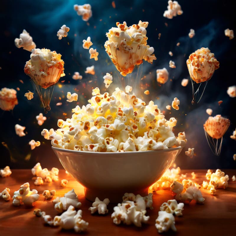 Popcorn Explosion with Parachuting Kernels Stock Photo - Image of ...