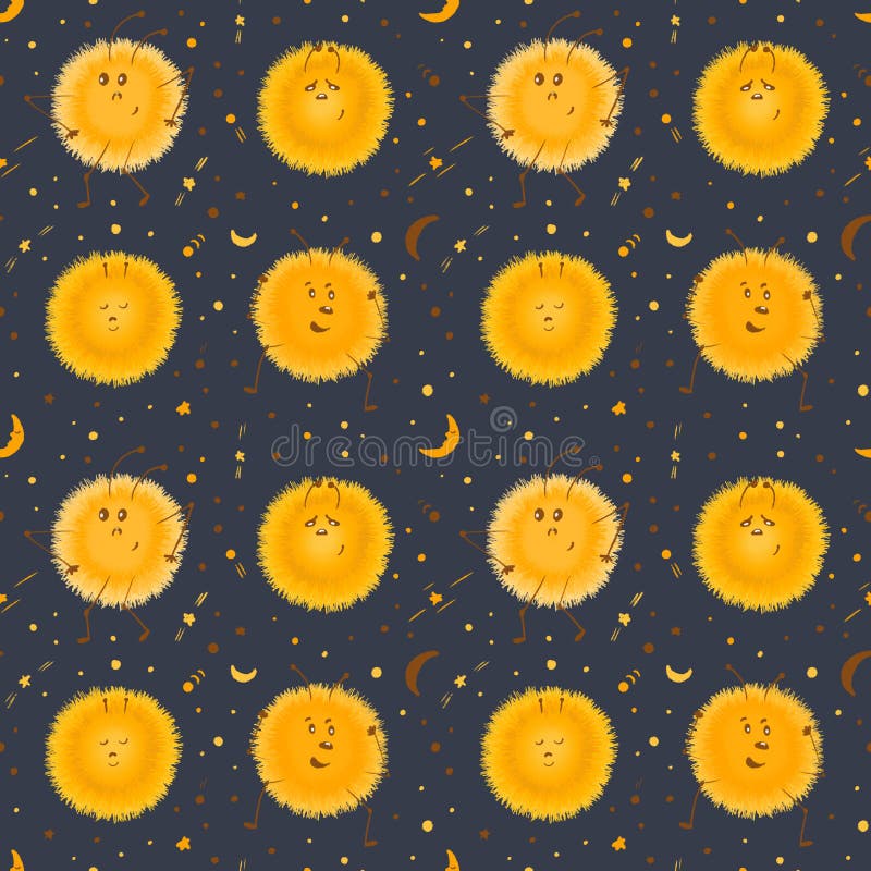 Fun Fantasy Objects. Cute Fluffy Sun Stars. Seamless Pattern with ...