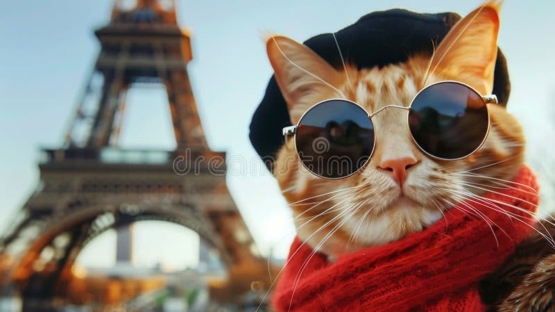 Ginger Cat in Paris with Sunglasses and Beret Stock Image - Image of ...