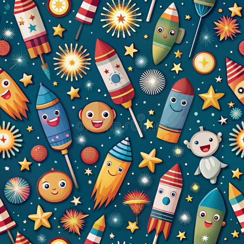 Fun Fireworks and Rockets Pattern Stock Illustration - Illustration of ...