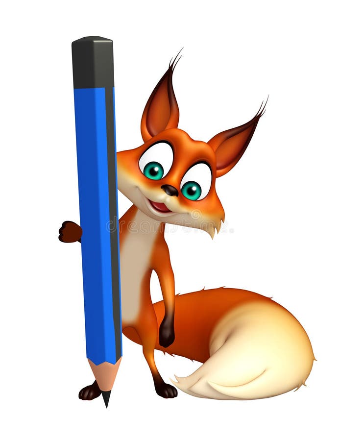 Fun Fox Cartoon Character with Pencil Stock Illustration - Illustration ...