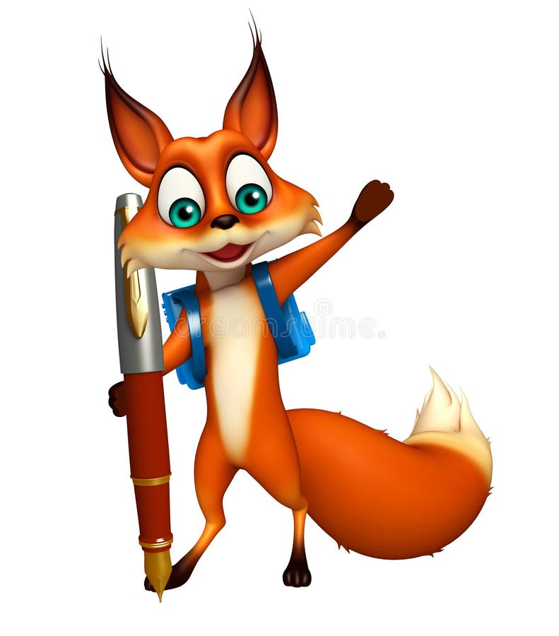 Fun Fox Cartoon Character with School Bag and Pen Stock Illustration ...