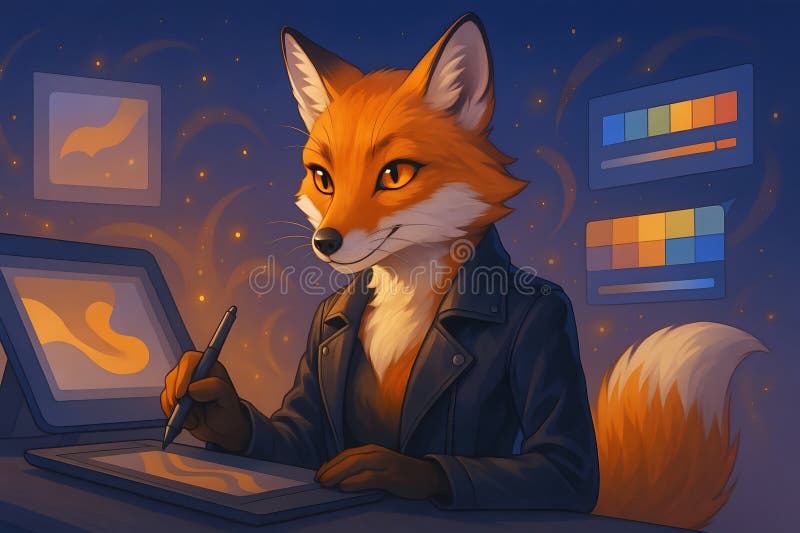 Fun Fox Character Using Computer and Graphic Tablet in Modern Workspace ...