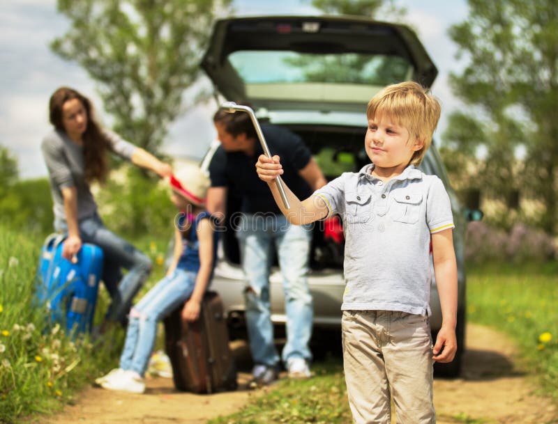 Fun Friendly Family is on a Picnic. a Car Breakdown. Stock Photo ...