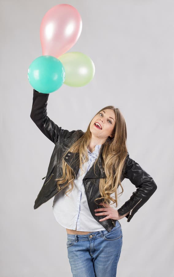 Fun Girl Model in Studio with Balloons Stock Image - Image of balloons ...