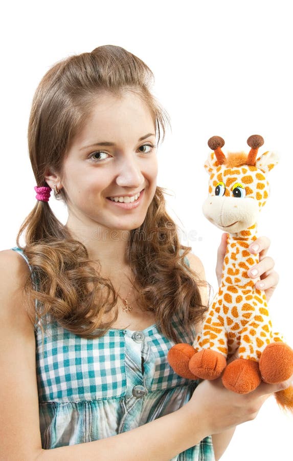 Fun girl and soft toy stock image. Image of looking, person - 15614845