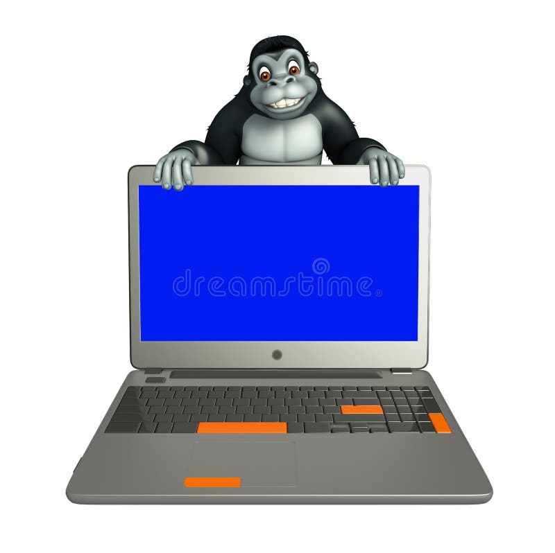 Fun Gorilla Cartoon Character with Laptop Stock Illustration ...
