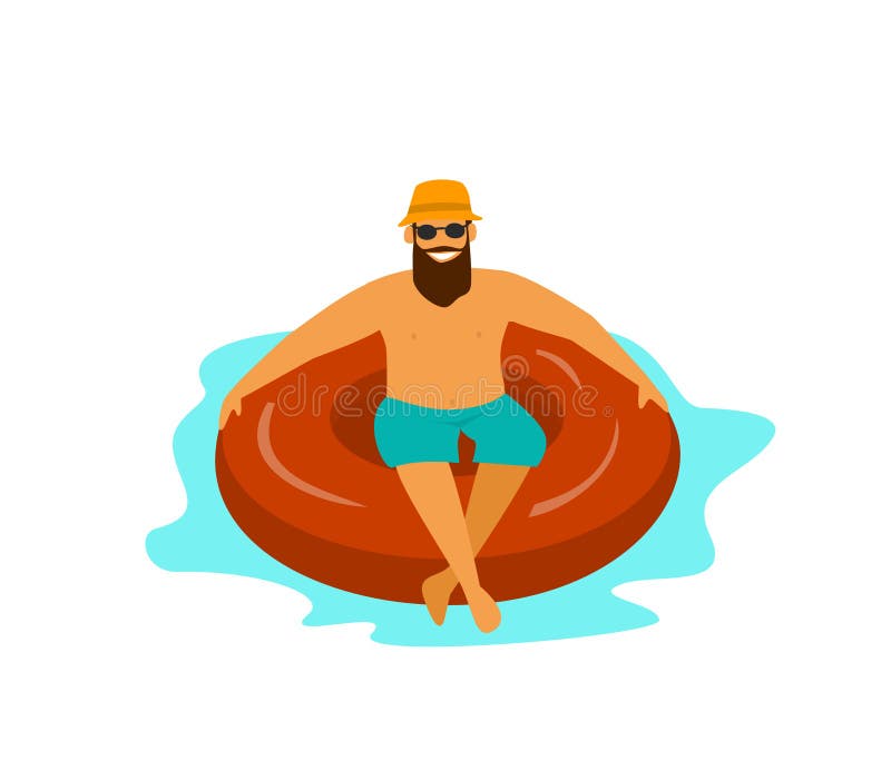 Fun Guy Swimming on Inflatable Tube Float Ring in the Pool Stock Vector ...