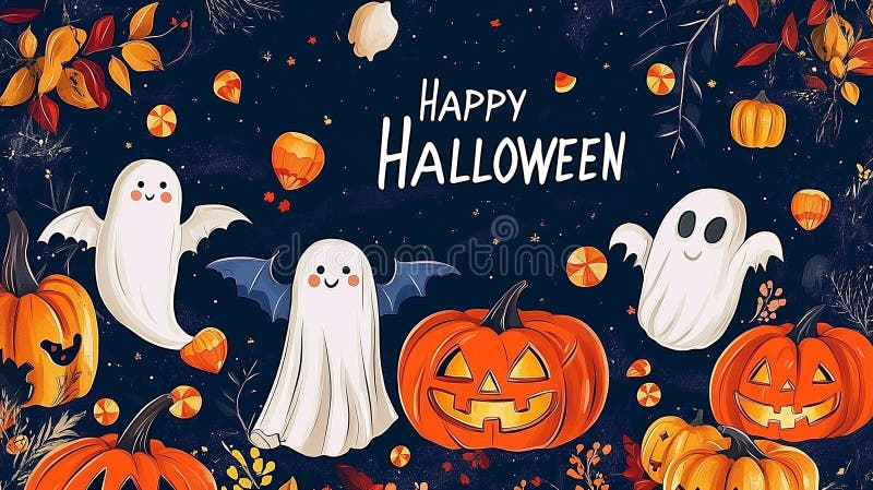 Fun Halloween Scene with Jack-o -lanterns, Ghosts, Candy Corn, and ...