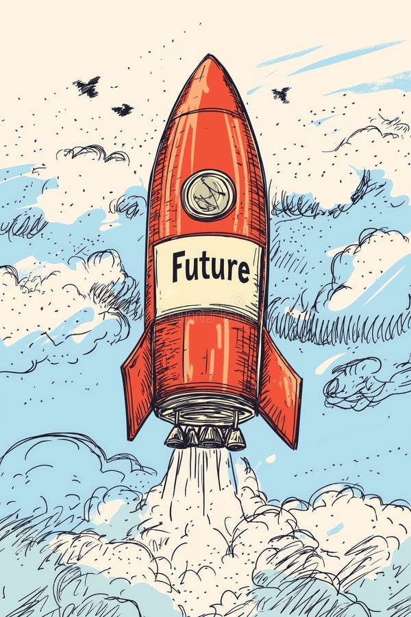Fun Hand-drawn Doodle of a Rocke, Launching into the Sky with "Future ...