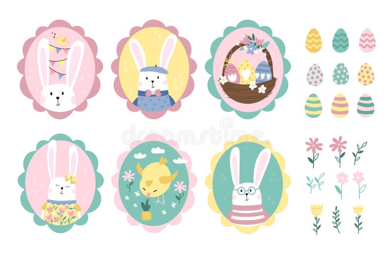 Fun Hand Drawn Easter Elements, Vintage Style Bunnies in Cute Frames ...