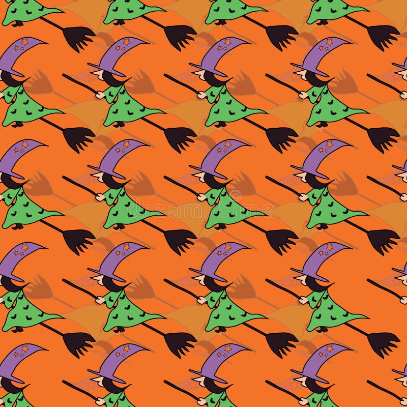 Fun Hand Drawn Halloween Witch Seamless Pattern Background. Stock ...