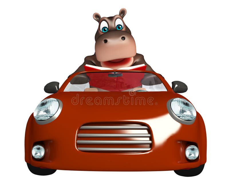 Fun Hippo Cartoon Character with Car Stock Illustration - Illustration ...