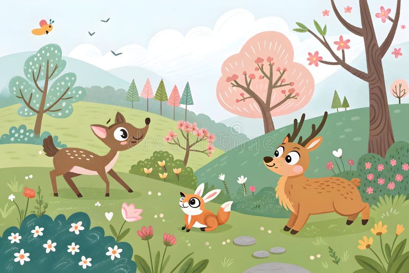 Cartoon Wild Animals in a Spring Landscape Stock Illustration ...