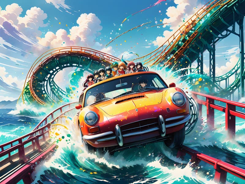 Fun Illustration of Yellow Car on Roller Coaster with People, Water ...